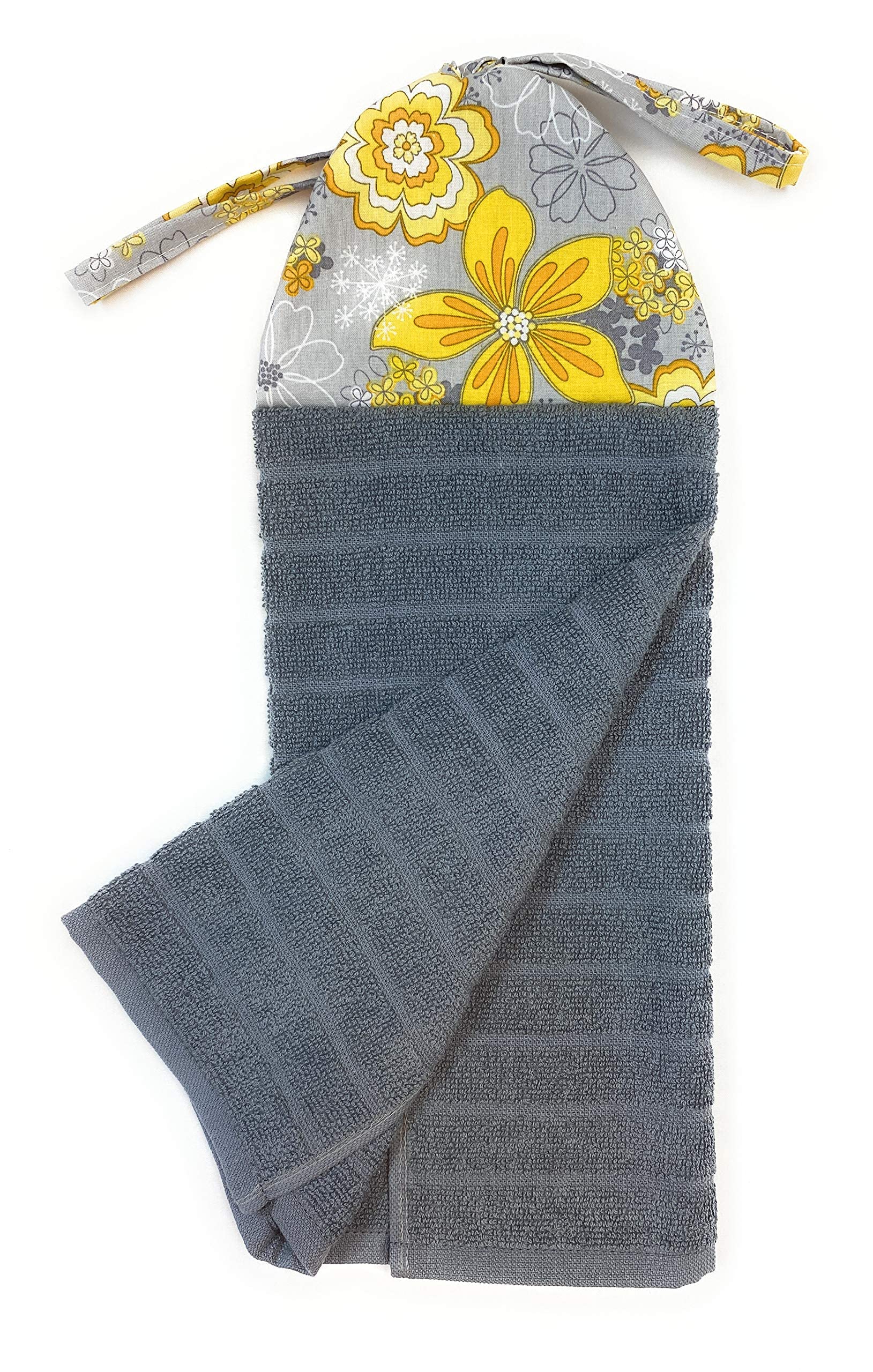 White and Yellow Flowers on Grey Gray Ties On Stays Put Kitchen Hanging Loop Hand Dish Towel