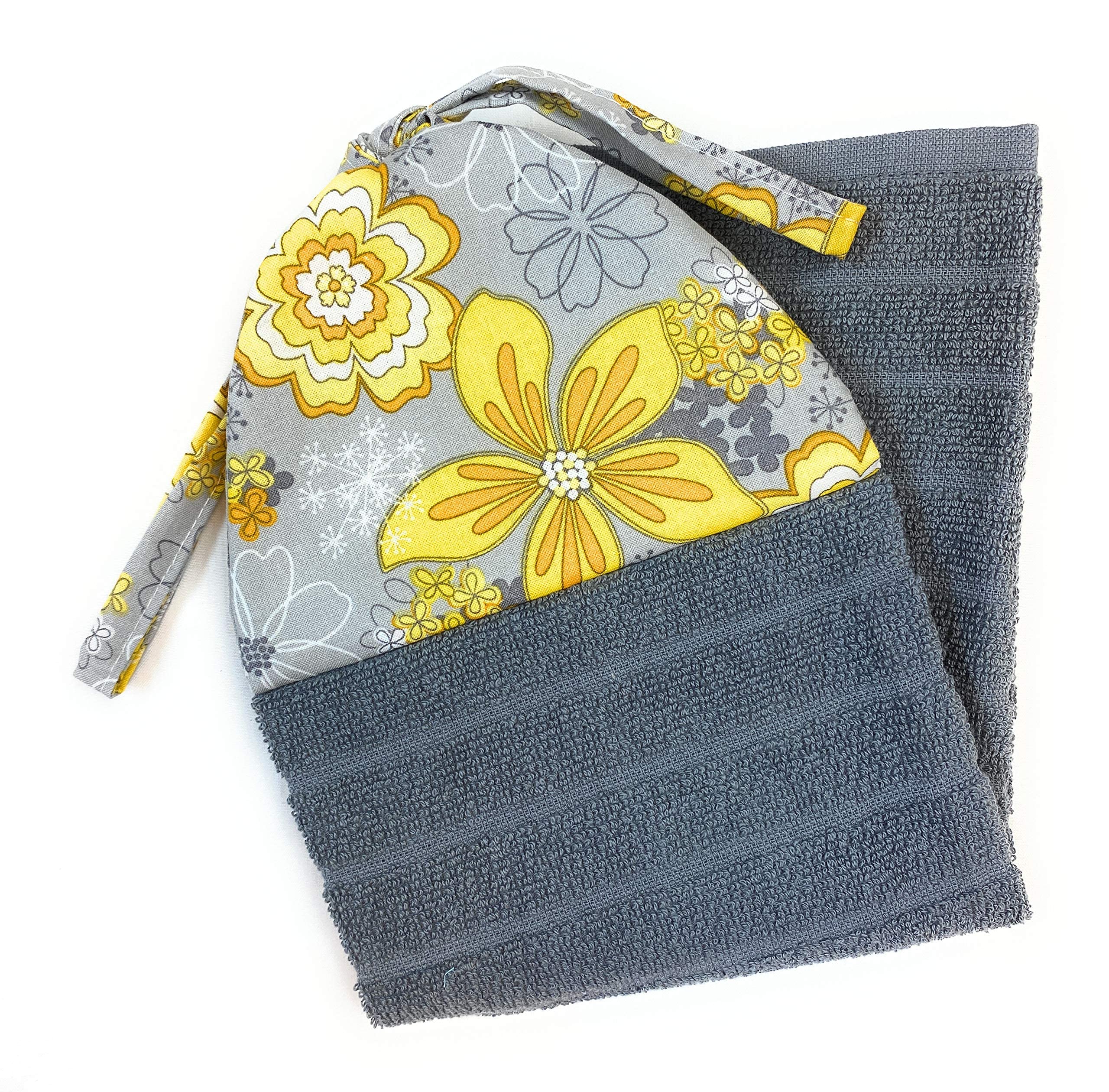 White and Yellow Flowers on Grey Gray Ties On Stays Put Kitchen Hanging Loop Hand Dish Towel