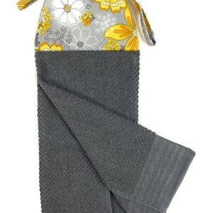 White and Yellow Flowers on Grey Gray Ties On Stays Put Kitchen Hanging Loop Hand Dish Towel