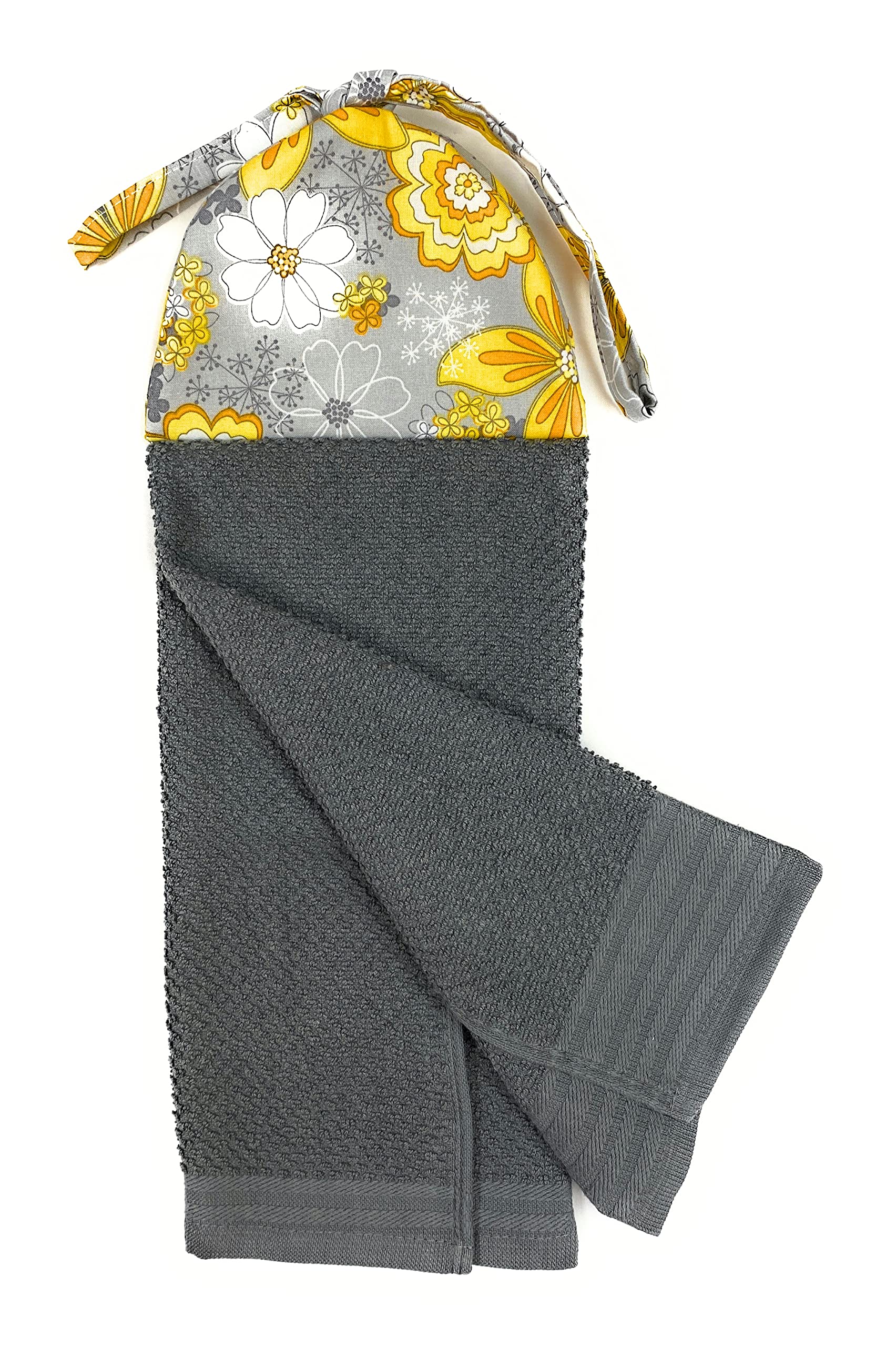 White and Yellow Flowers on Grey Gray Ties On Stays Put Kitchen Hanging Loop Hand Dish Towel