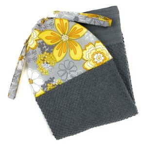 White and Yellow Flowers on Grey Gray Ties On Stays Put Kitchen Hanging Loop Hand Dish Towel