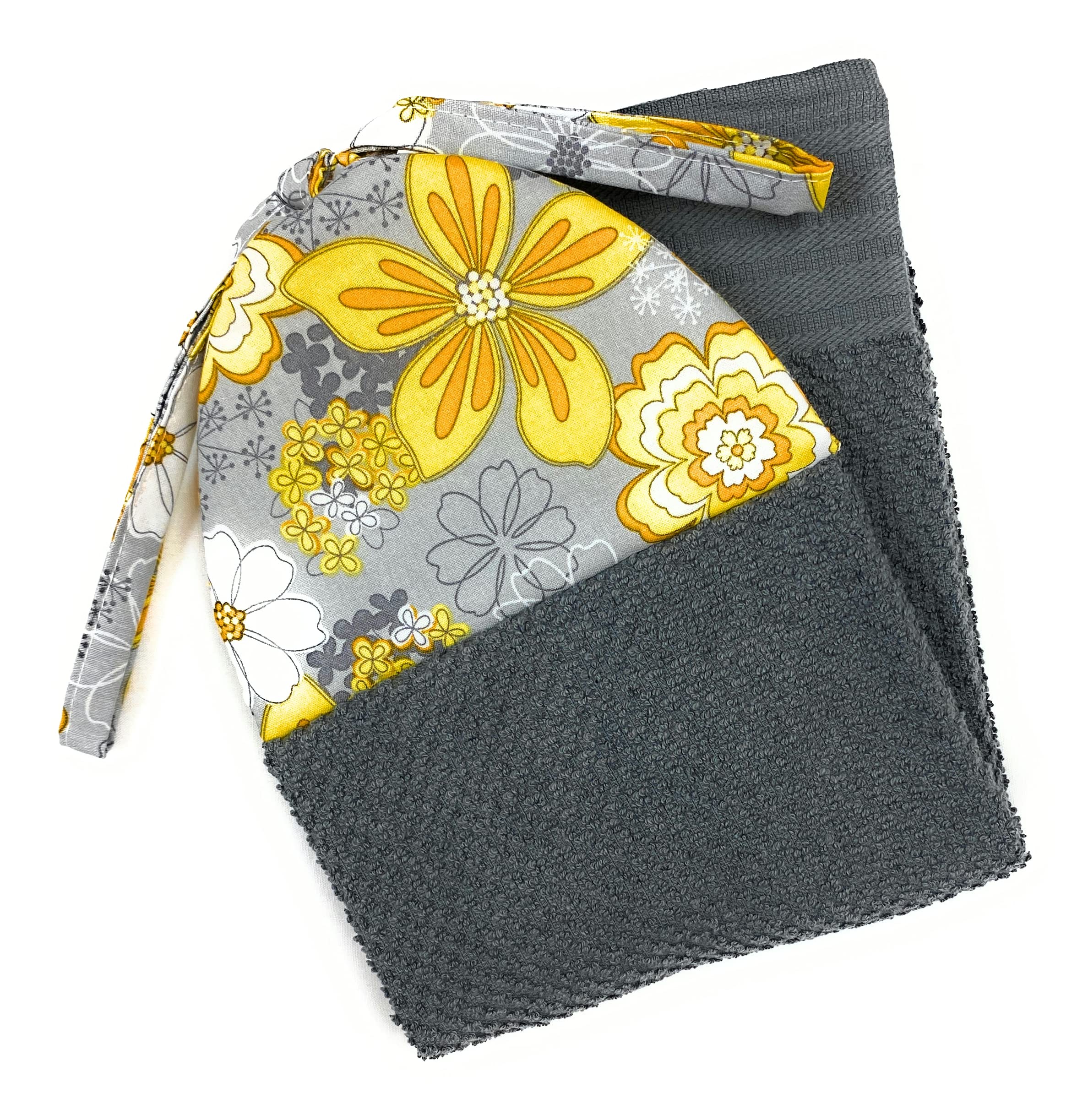 White and Yellow Flowers on Grey Gray Ties On Stays Put Kitchen Hanging Loop Hand Dish Towel