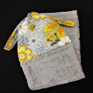 White and Yellow Flowers on Grey Gray Ties On Stays Put Kitchen Hanging Loop Hand Dish Towel