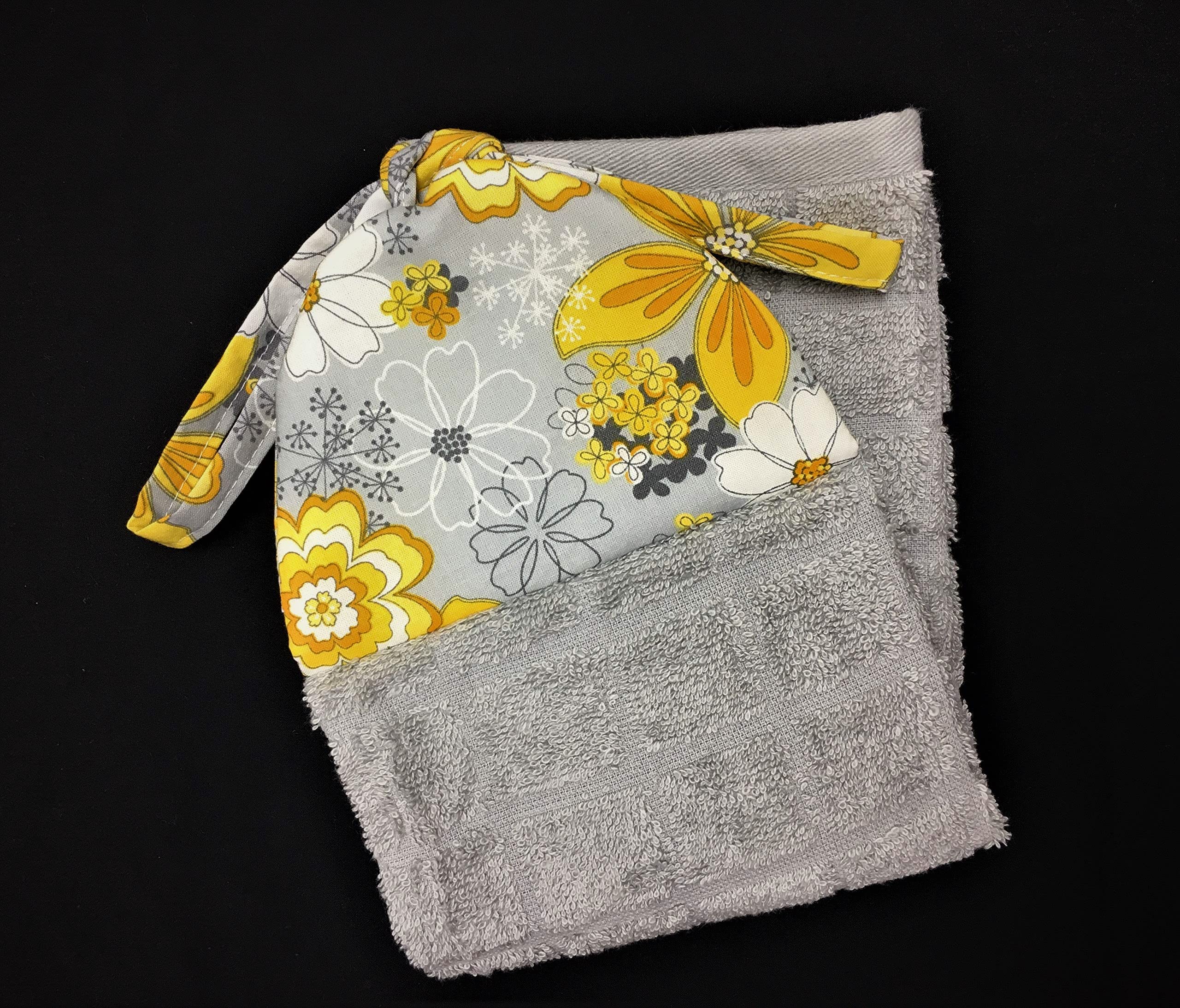 White and Yellow Flowers on Grey Gray Ties On Stays Put Kitchen Hanging Loop Hand Dish Towel