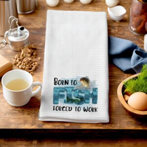 Born to Fish, Forced to Work Funny Microfiber Waffle Weave Kitchen Towel Gift