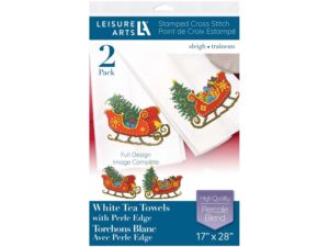 leisure arts tea towel 17"x28" sleigh 2pc, towel set, embroidery kit, bathroom hand towels, kitchen towel, cross stitch kits, stamped cross stitch kits