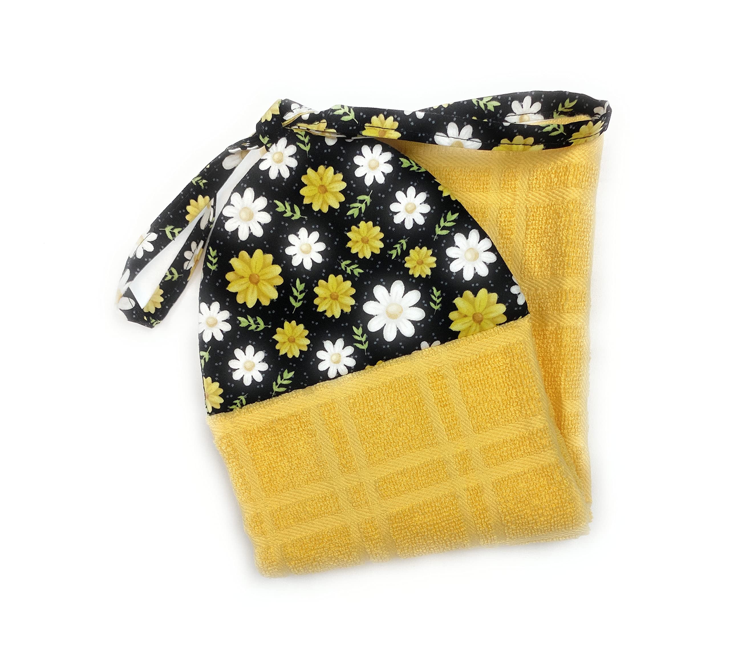 Daisy Daisies White Yellow Green Leaves on Black Ties On Stays Put Kitchen Bathroom Hanging Loop Hand Dish Towel