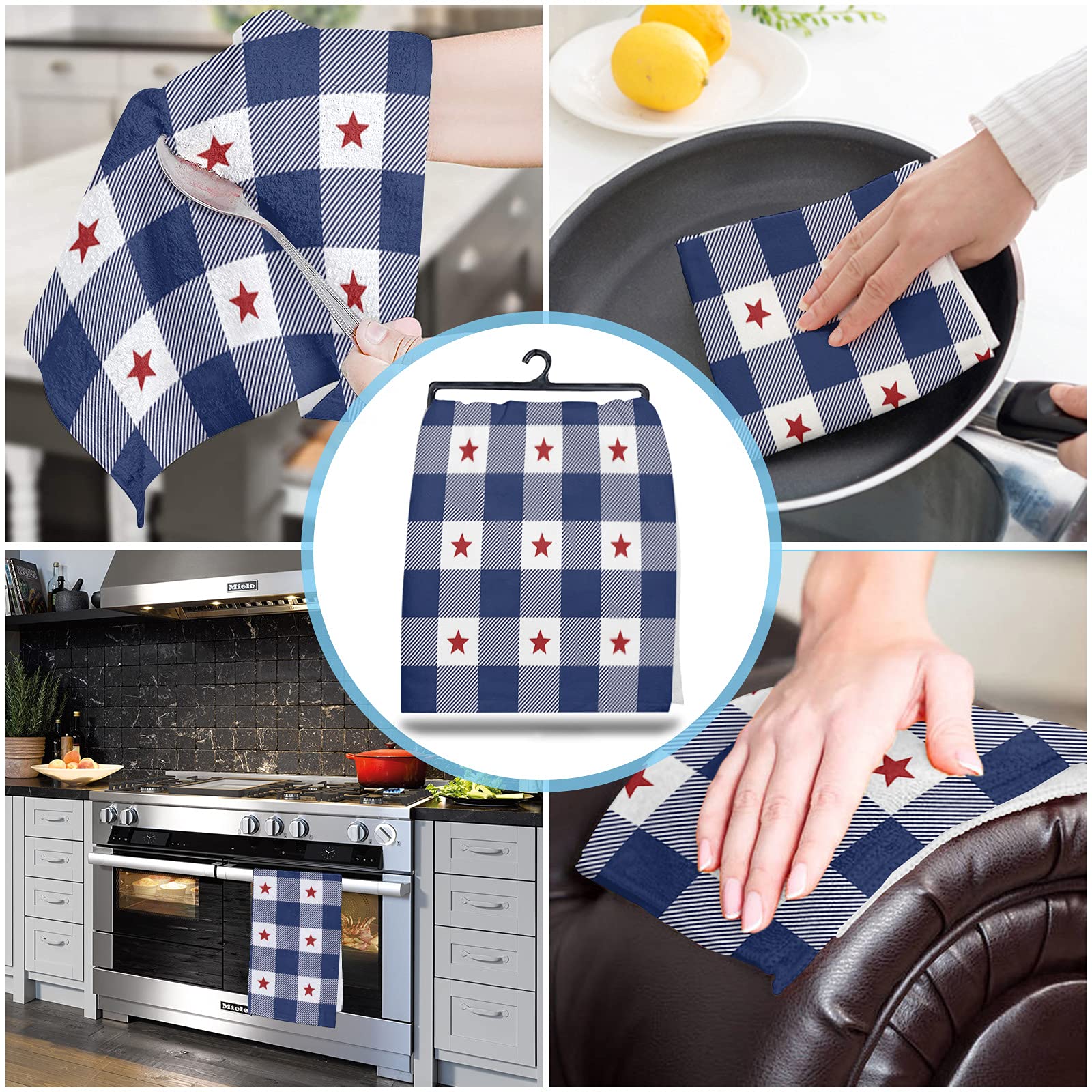 July 4th Theme Cotton Kitchen Towels Dishcloth Patriotic July 4th Party Blue White and Red Star Check Absorbent Kitchen Dish Towels-Reusable Cleaning Cloths for Kitchen,Tea/Bar/Towels,18x28inch 4 Pack