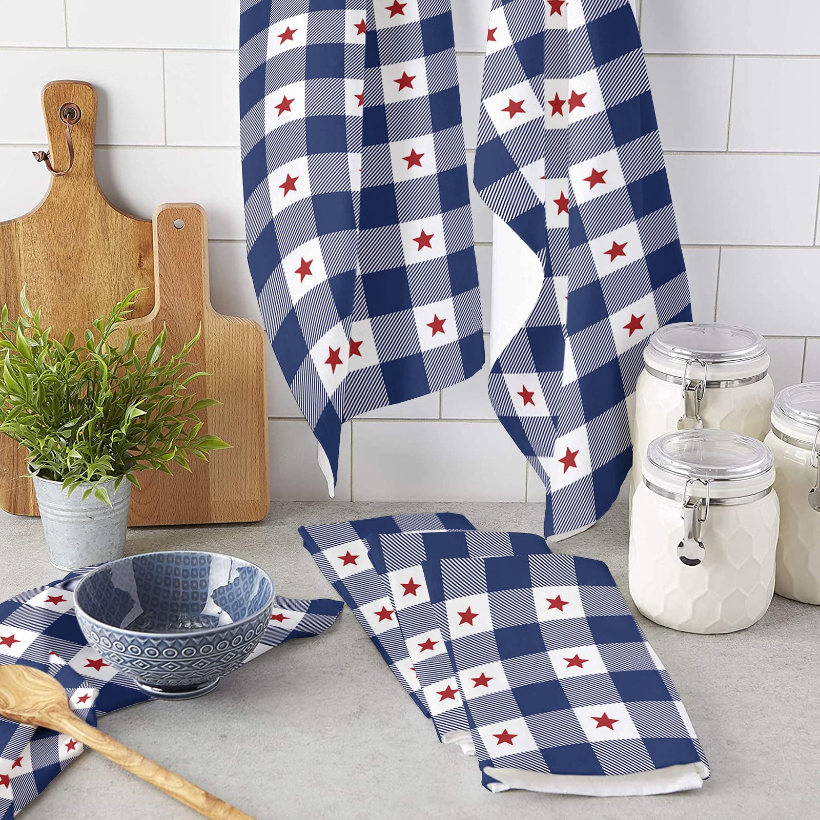 July 4th Theme Cotton Kitchen Towels Dishcloth Patriotic July 4th Party Blue White and Red Star Check Absorbent Kitchen Dish Towels-Reusable Cleaning Cloths for Kitchen,Tea/Bar/Towels,18x28inch 4 Pack