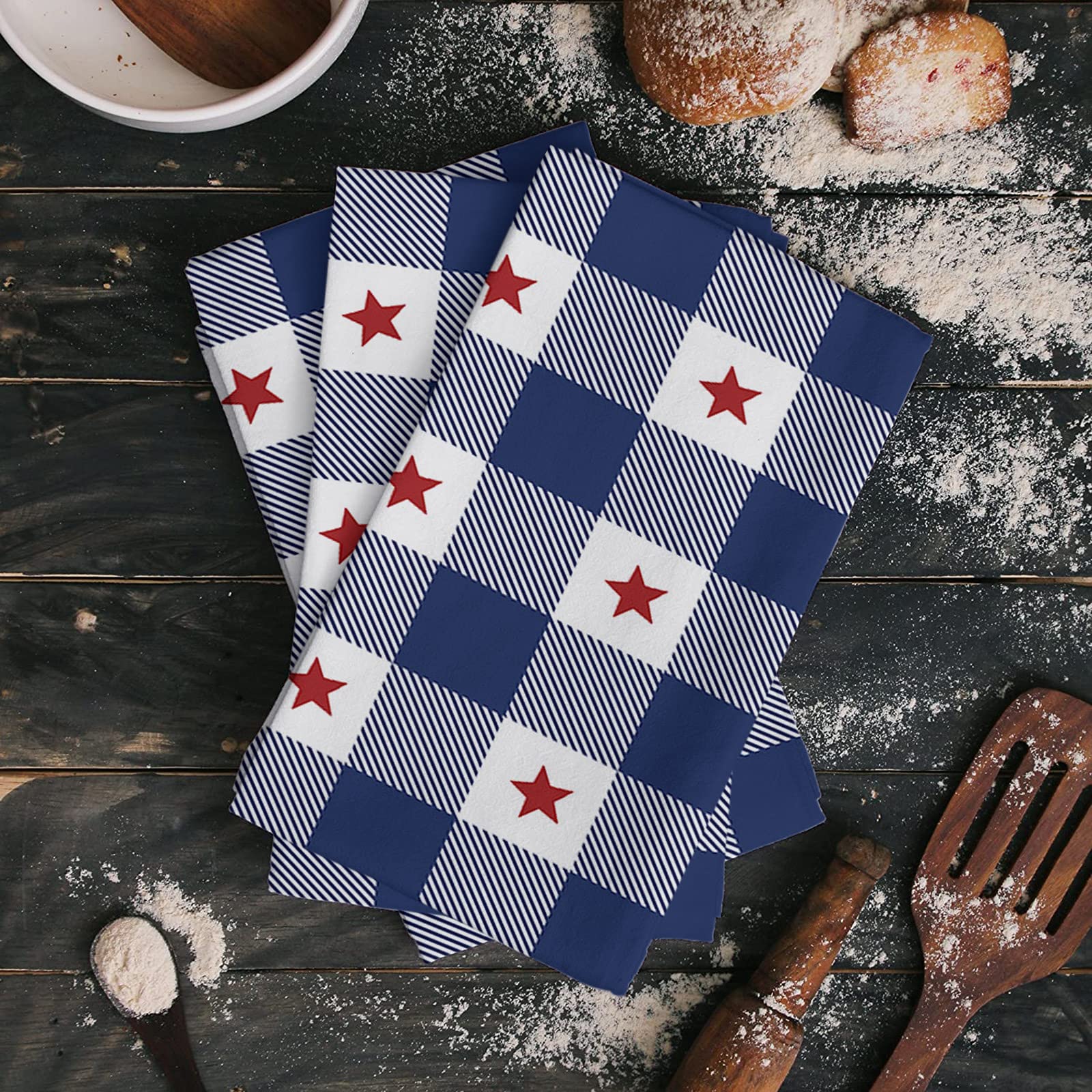 July 4th Theme Cotton Kitchen Towels Dishcloth Patriotic July 4th Party Blue White and Red Star Check Absorbent Kitchen Dish Towels-Reusable Cleaning Cloths for Kitchen,Tea/Bar/Towels,18x28inch 4 Pack