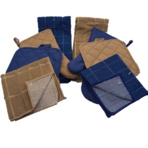 topnotch outlet towel linen set - kitchen decor (8 pc) rich navy blue and taupe color combination that pops - kitchen towel potholder scrubber dishcloth oven mitt set - kitchen decorations