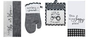 4 piece black and white farmhouse country kitchen linen set - 2 towels, oven mitt and pocket pot holder