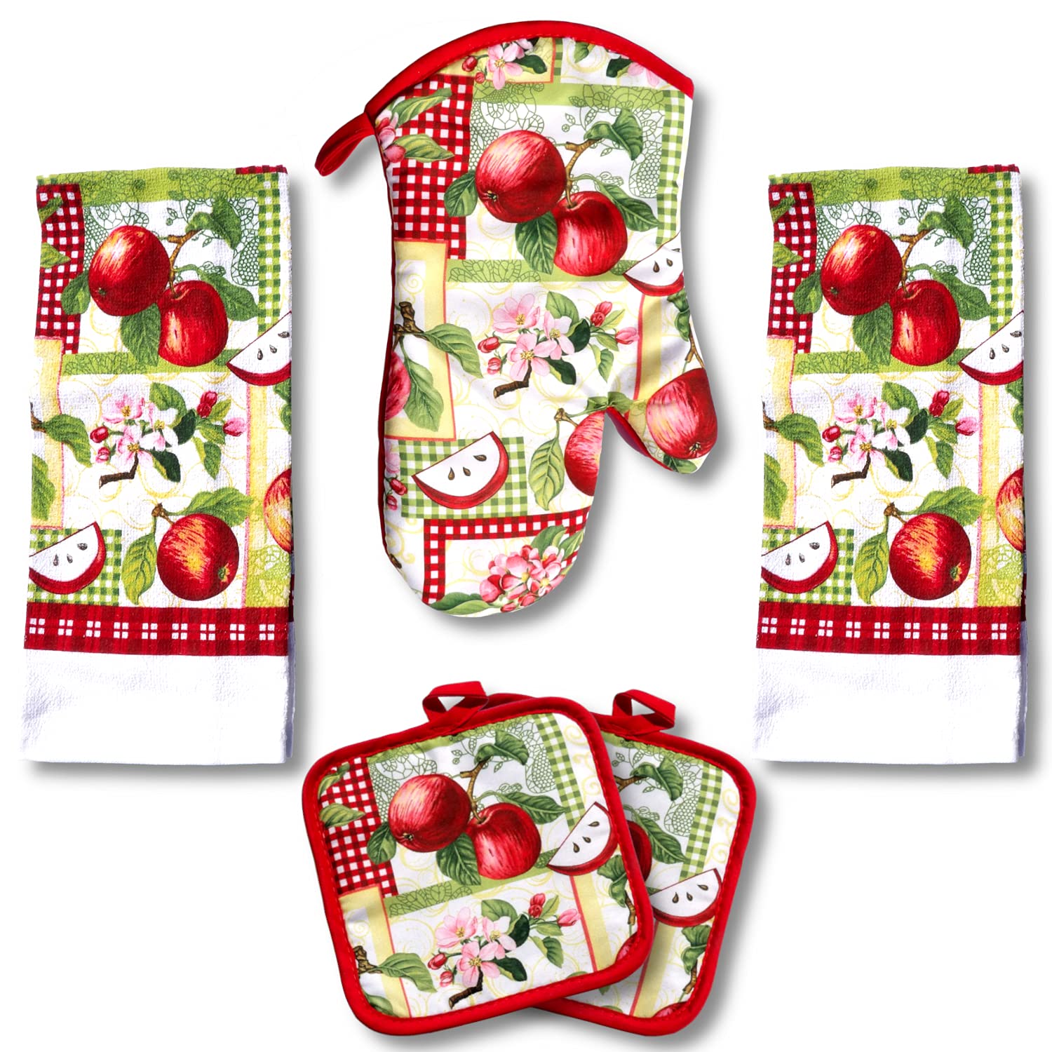 Lobyn Value Packs - 5 Piece Country Kitchen Towel Set: Features Red Apples on a Patchwork Quilt, 2 Decorative Dish Towels, 1 Oven Mitt, and 2 Quilted Potholders