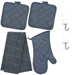 designer kitchen linen set | oven mitt, soft absorbent cotton towel, & 2 pot holder | lightweight & decorative for cooking baking housewarming gift - heavy duty self adhesive hook included (grey)