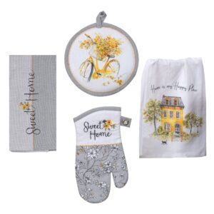 generic farmhouse sweet home kitchen linen set: 4 piece bundle includes oven mitt, tea towel, flour sack towel and a potholder by kay dee designs, gray yellow