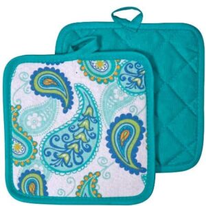 Paisley Decor - Kitchen Linen Set 4 Pc Celebrate with These Springtime Paisley and Flower Linens - Blue Sets Include Kitchen Towel 2 Potholders 1 Oven Mitt - Potholders - Kitchen Decor - Oven Mitts