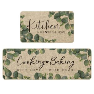 artoid mode eucalyptus leaves mats set of 2, kitchen is the heart of the home cooking with love baking with heart decorations for home 17 x 29 and 17 x 47 inch