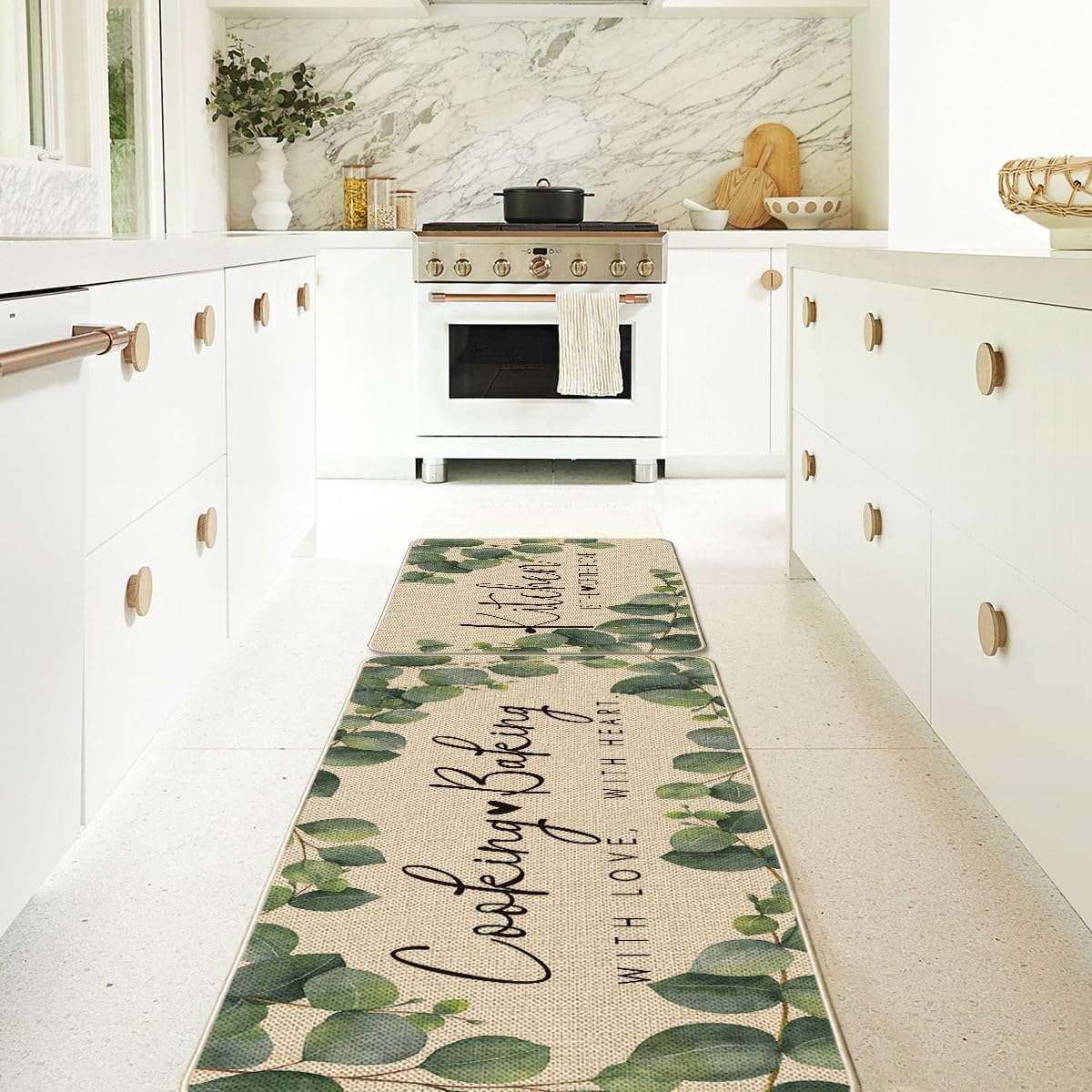 Artoid Mode Eucalyptus Leaves Mats Set of 2, Kitchen is The Heart of The Home Cooking with Love Baking with Heart Decorations for Home 17 x 29 and 17 x 47 Inch