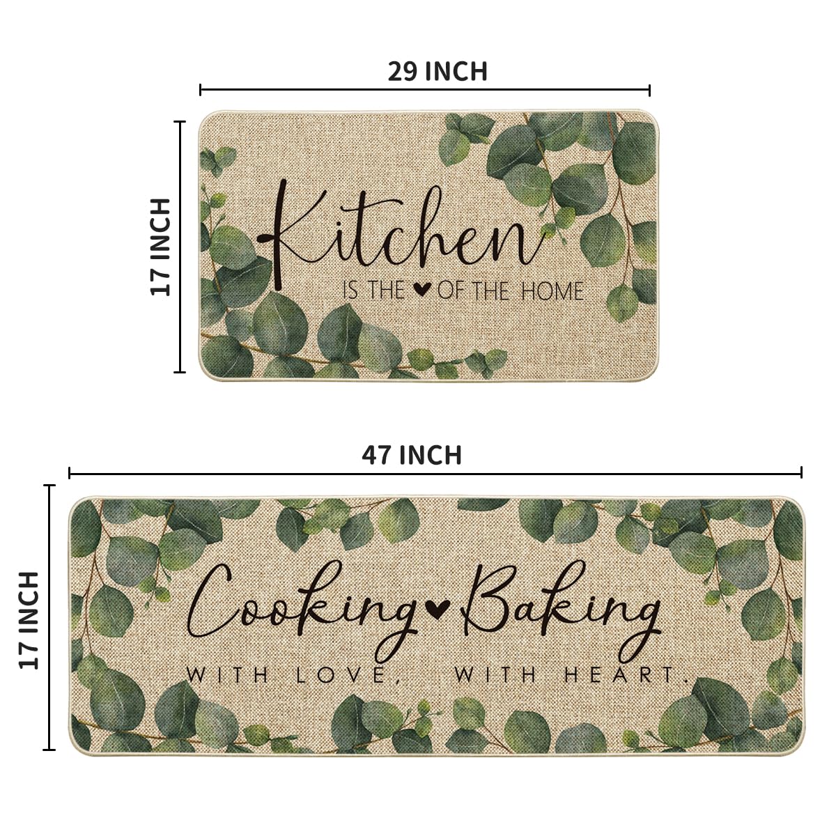 Artoid Mode Eucalyptus Leaves Mats Set of 2, Kitchen is The Heart of The Home Cooking with Love Baking with Heart Decorations for Home 17 x 29 and 17 x 47 Inch