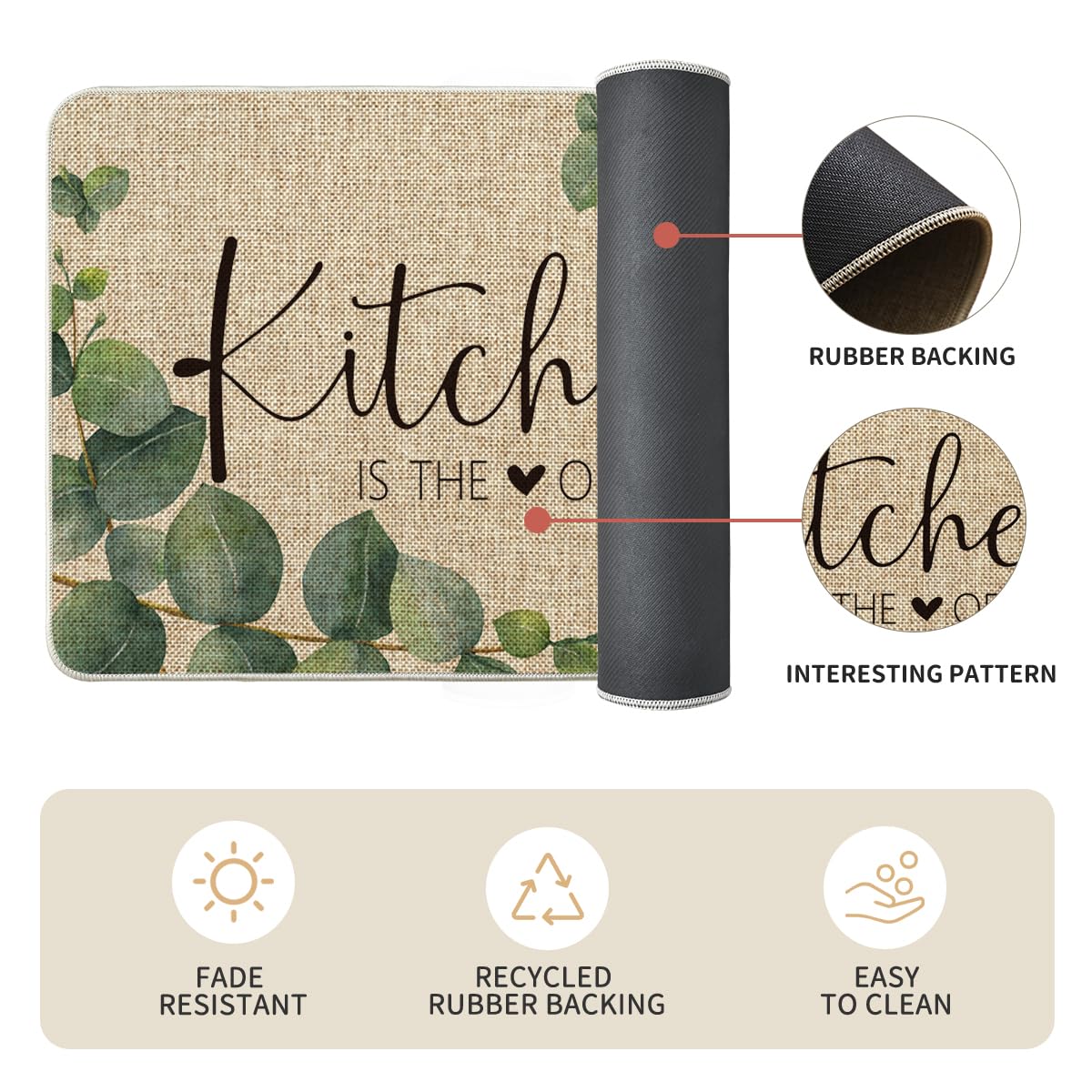 Artoid Mode Eucalyptus Leaves Mats Set of 2, Kitchen is The Heart of The Home Cooking with Love Baking with Heart Decorations for Home 17 x 29 and 17 x 47 Inch