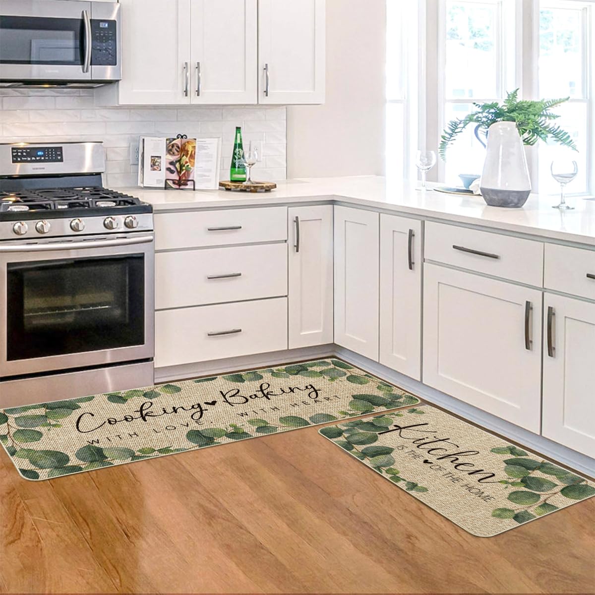 Artoid Mode Eucalyptus Leaves Mats Set of 2, Kitchen is The Heart of The Home Cooking with Love Baking with Heart Decorations for Home 17 x 29 and 17 x 47 Inch