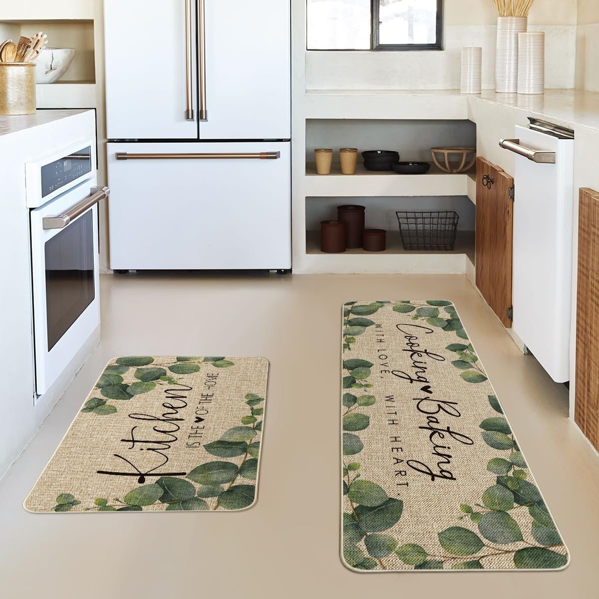 Artoid Mode Eucalyptus Leaves Mats Set of 2, Kitchen is The Heart of The Home Cooking with Love Baking with Heart Decorations for Home 17 x 29 and 17 x 47 Inch