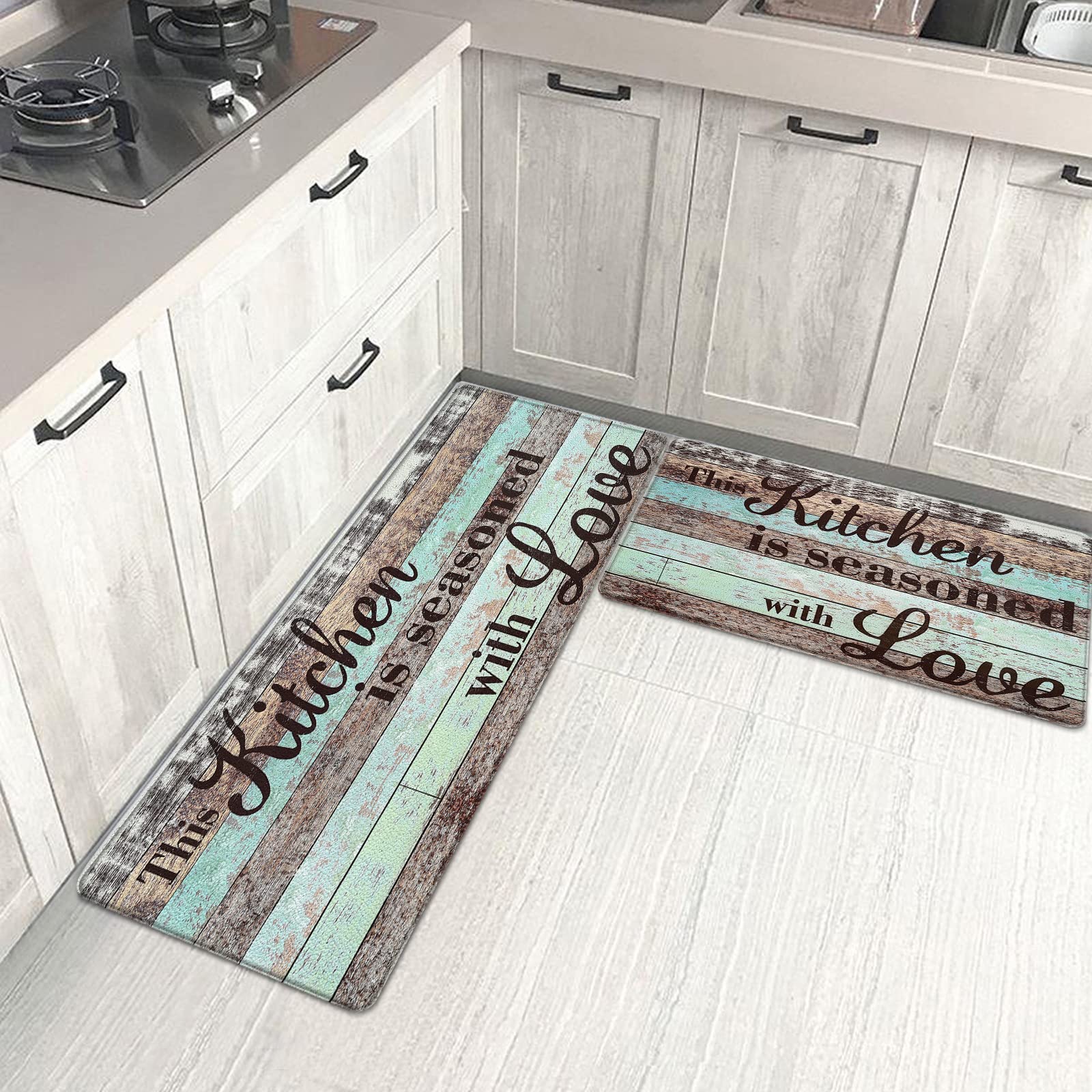 Farmhouse Kitchen Rugs Sets of 2, Personalized Kitchen Mats Cushioned Anti fatigue, Wooden Kitchen Rugs Non Slip Washable, Teal Kitchen Floor Mats for in Front of Sink, 17'' x 47'' + 17'' x 30''