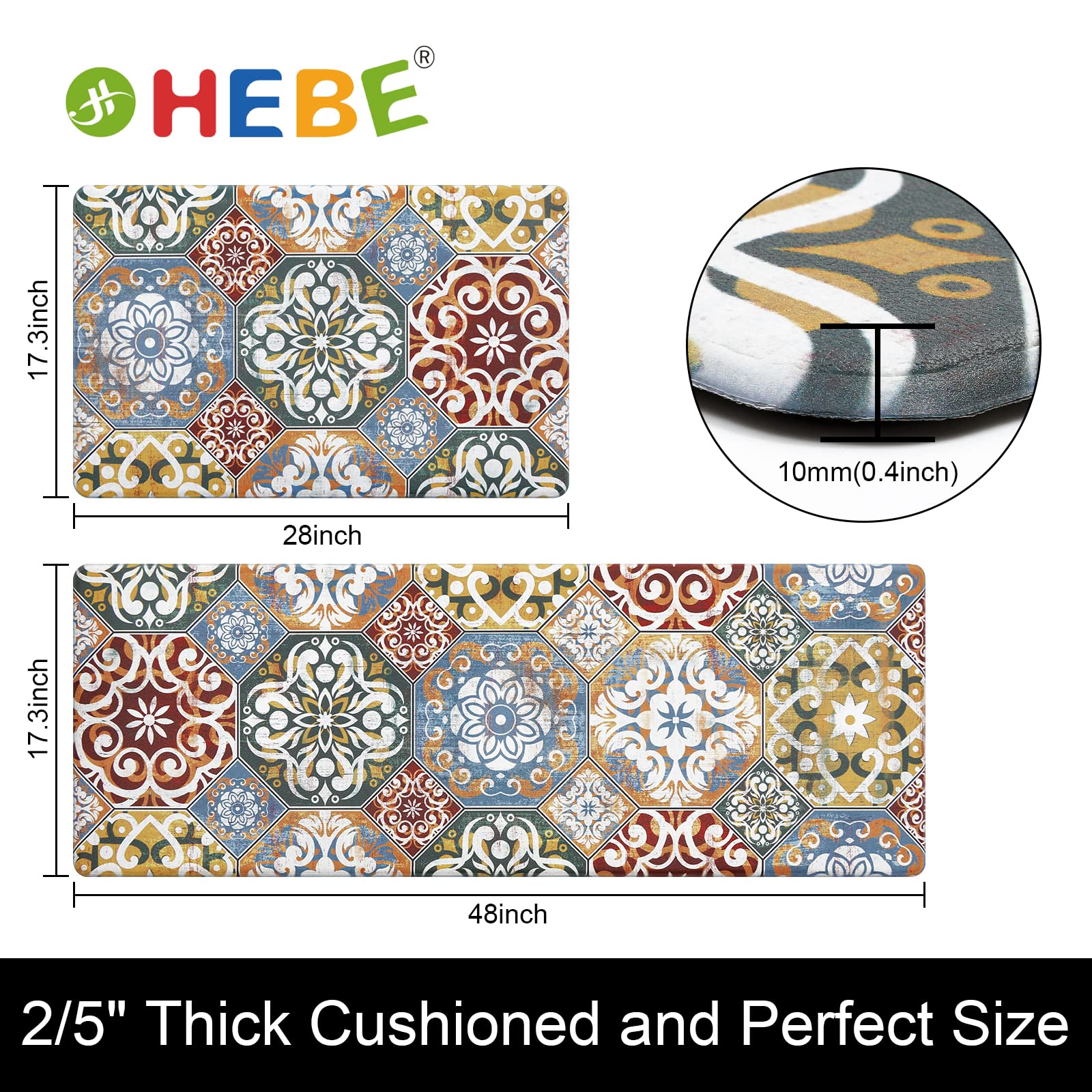 HEBE Boho Anti Fatigue Kitchen Rug Sets 2 Piece Non Slip Cushioned Mats for Floor Waterproof Carpet Runner for Sink Laundry Standing