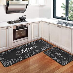 ouxioaz 2 pcs kitchen rugs and mats non skid washable black kitchen mat soft super absorbent anti fatigue kitchen mat runner set doormat bathroom 17"x47"+17"x30"