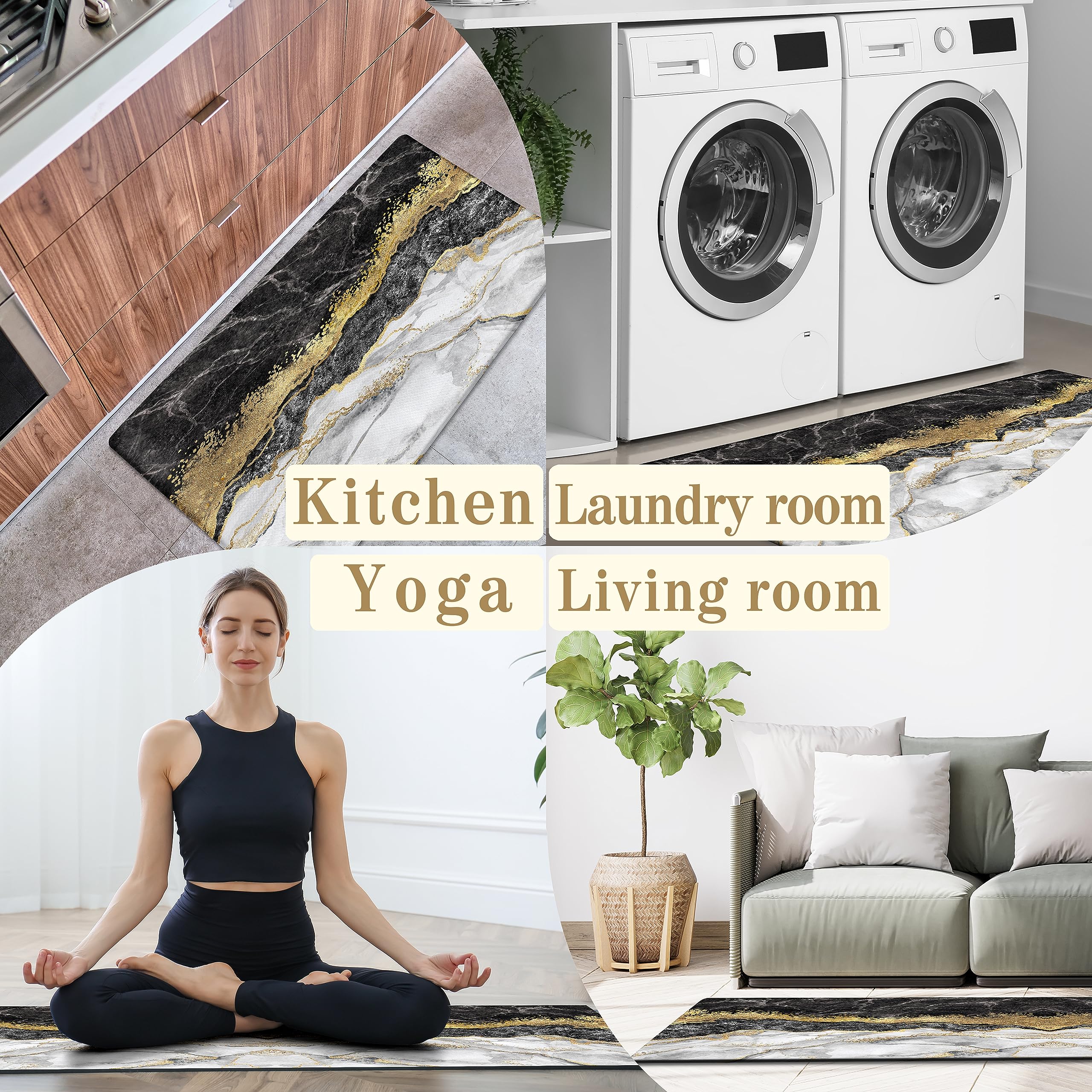 Black Gold Marble Kitchen Mat and Rugs 2 Pieces Anti Fatigue Cushioned Kitchen Floor Mat Non-Slip Leather Kitchen Mats Set for Home Office Laundry