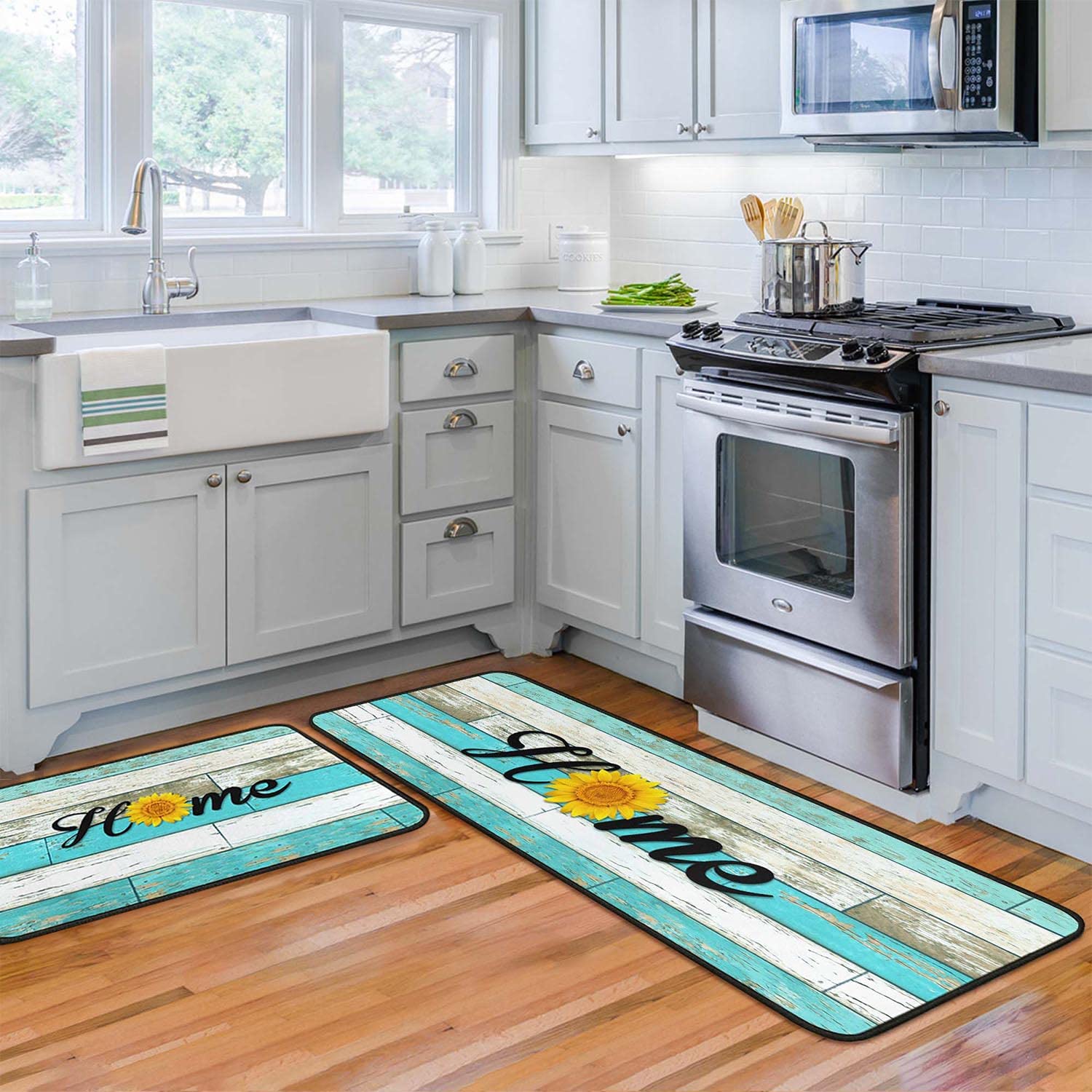 flippana Teal Kitchen Rugs and Mats Non Skid Washable, Non-Slip Backing Kitchen Rug Set of 2 for Floor, Kitchen Decor Runner Rug Sets for Kitchen (17"x47.2"+17"x30", Teal)