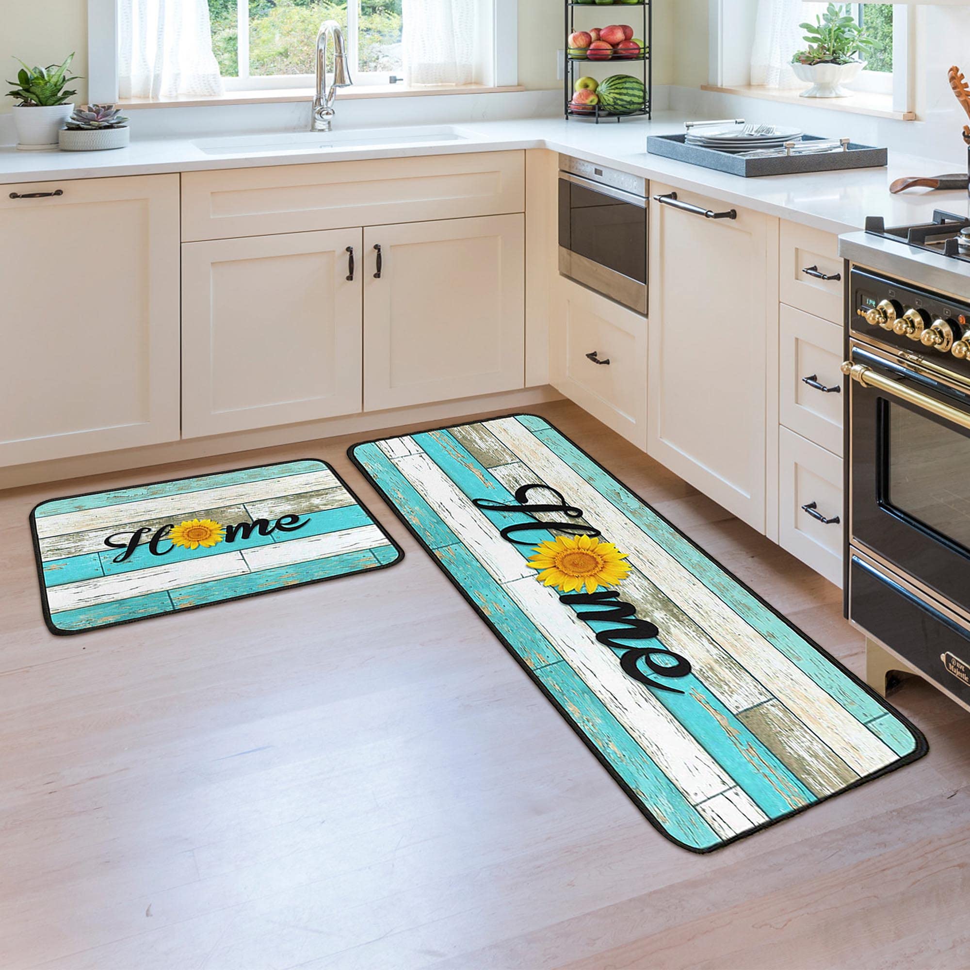 flippana Teal Kitchen Rugs and Mats Non Skid Washable, Non-Slip Backing Kitchen Rug Set of 2 for Floor, Kitchen Decor Runner Rug Sets for Kitchen (17"x47.2"+17"x30", Teal)