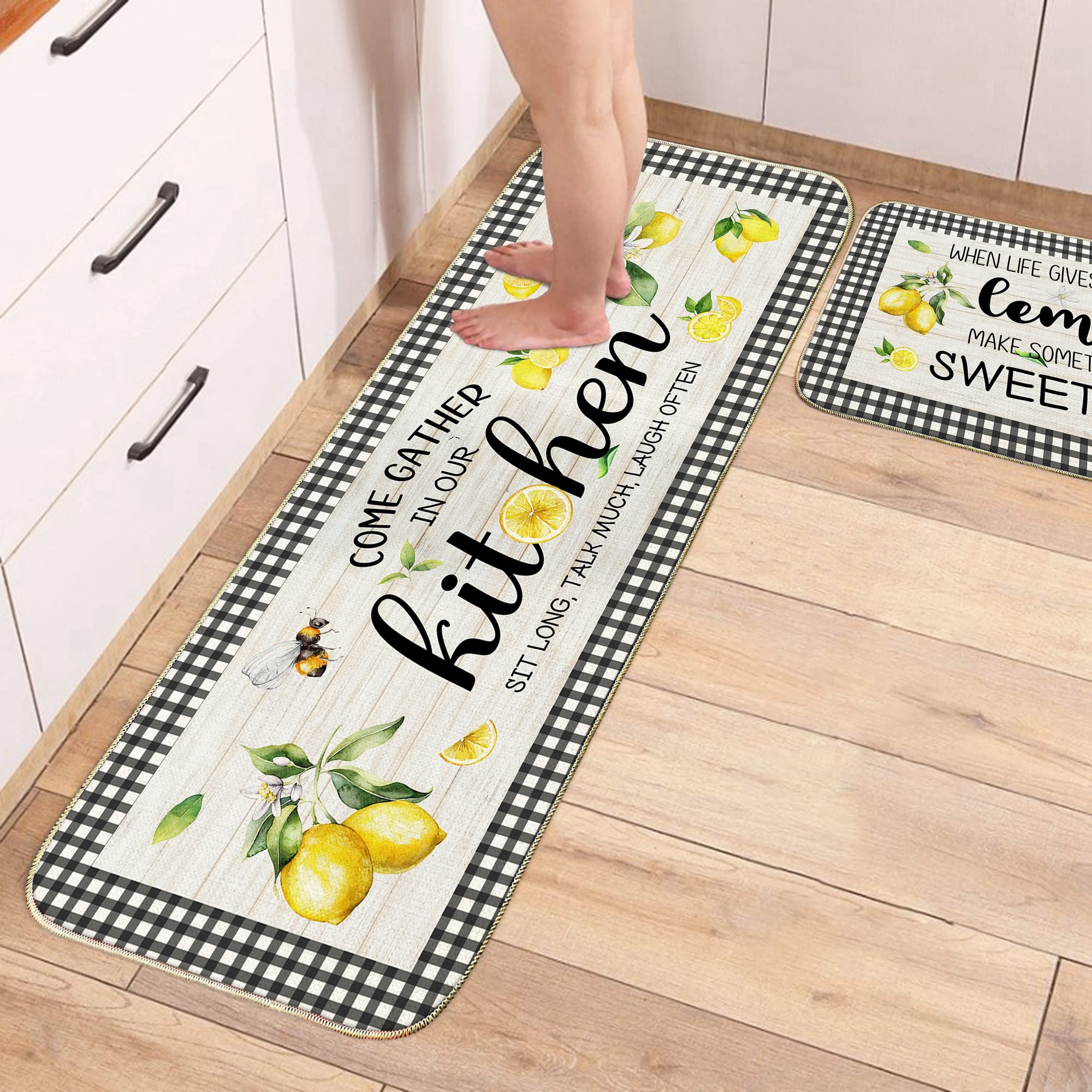 Lemon Kitchen Mat Set of 2, Kitchen Mats for Floor, Farmhouse Lemon Kitchen Rugs and Mats Non Skid Washable, Lemon Kitchen Decor Floor Mats Non Slip, Kitchen Runner Rug Carpet 17x29 and 17x47 Inch