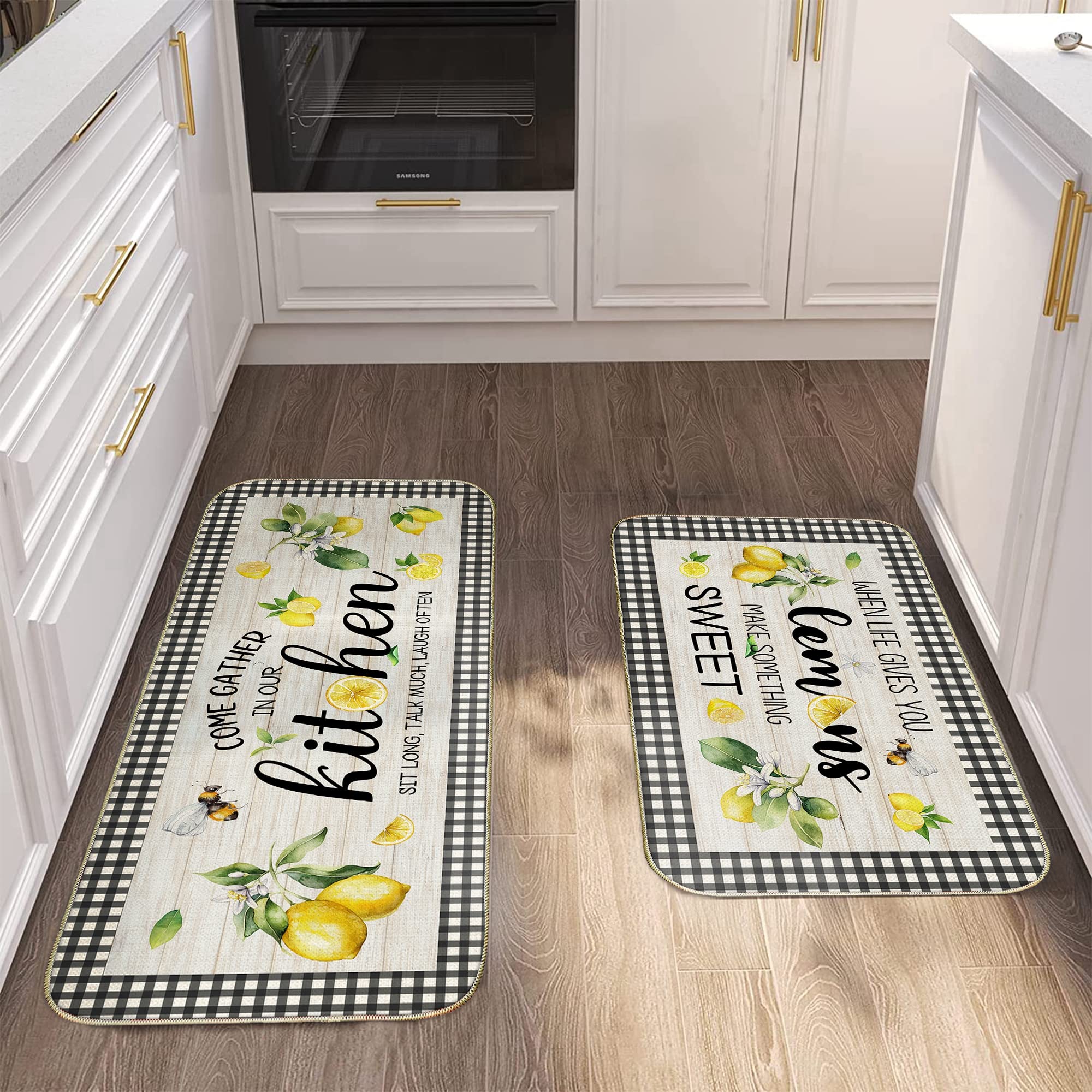 Lemon Kitchen Mat Set of 2, Kitchen Mats for Floor, Farmhouse Lemon Kitchen Rugs and Mats Non Skid Washable, Lemon Kitchen Decor Floor Mats Non Slip, Kitchen Runner Rug Carpet 17x29 and 17x47 Inch