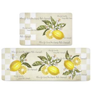 lemon kitchen rug set of 2 buffalo plaid anti fatigue non-slip kitchen mats yellow comfort standing mat waterproof farmhouse pvc carpet for kitchen laundry office sink (17.3" x28" + 17.3" x 47")