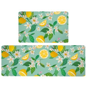 lemon kitchen mat set 2 pcs anti fatigue lemon and leaf kitchen rugs waterproof cushioned pvc leather runner rug non slip comfort standing floor mats for kitchen, home, sink 17.3" x 28" + 17.3" x 47"