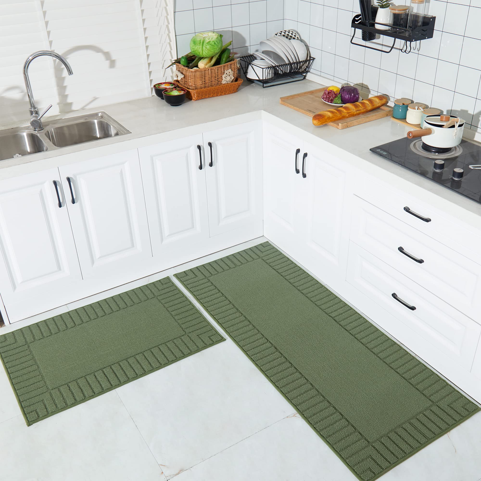 BEQHAUSE-Kitchen-Rugs-Non Slip-Kitchen-Mats-for-Floor Machine Washable Kitchen Rugs 2 Pieces Kitchen Carpet Runner with TPR Backing,Green,20x30inch/20x48inch