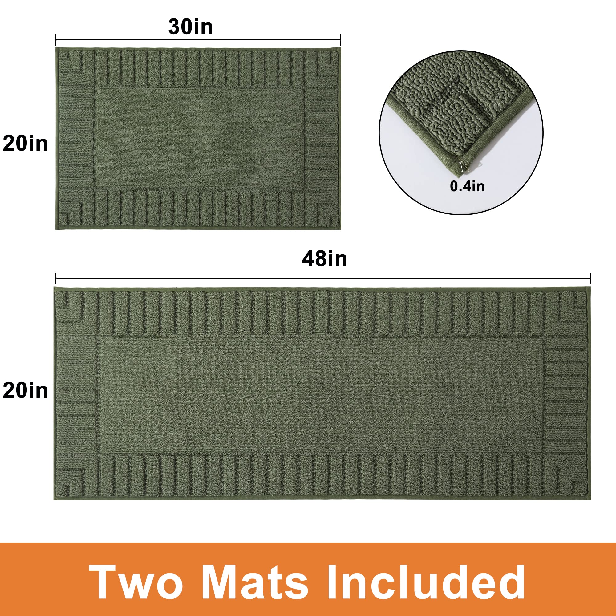 BEQHAUSE-Kitchen-Rugs-Non Slip-Kitchen-Mats-for-Floor Machine Washable Kitchen Rugs 2 Pieces Kitchen Carpet Runner with TPR Backing,Green,20x30inch/20x48inch