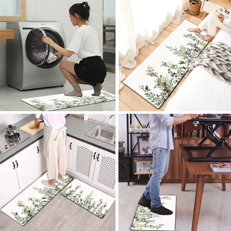 Bulijojo Green Eucalyptus Anti Fatigue Kitchen Floor Mats Set of 2 Waterproof Kitchen Sink Runner Rug Standing Mat Cushioned Kitchen Rugs Comfort Doormat 17"x47"+17"x28"