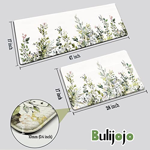 Bulijojo Green Eucalyptus Anti Fatigue Kitchen Floor Mats Set of 2 Waterproof Kitchen Sink Runner Rug Standing Mat Cushioned Kitchen Rugs Comfort Doormat 17"x47"+17"x28"