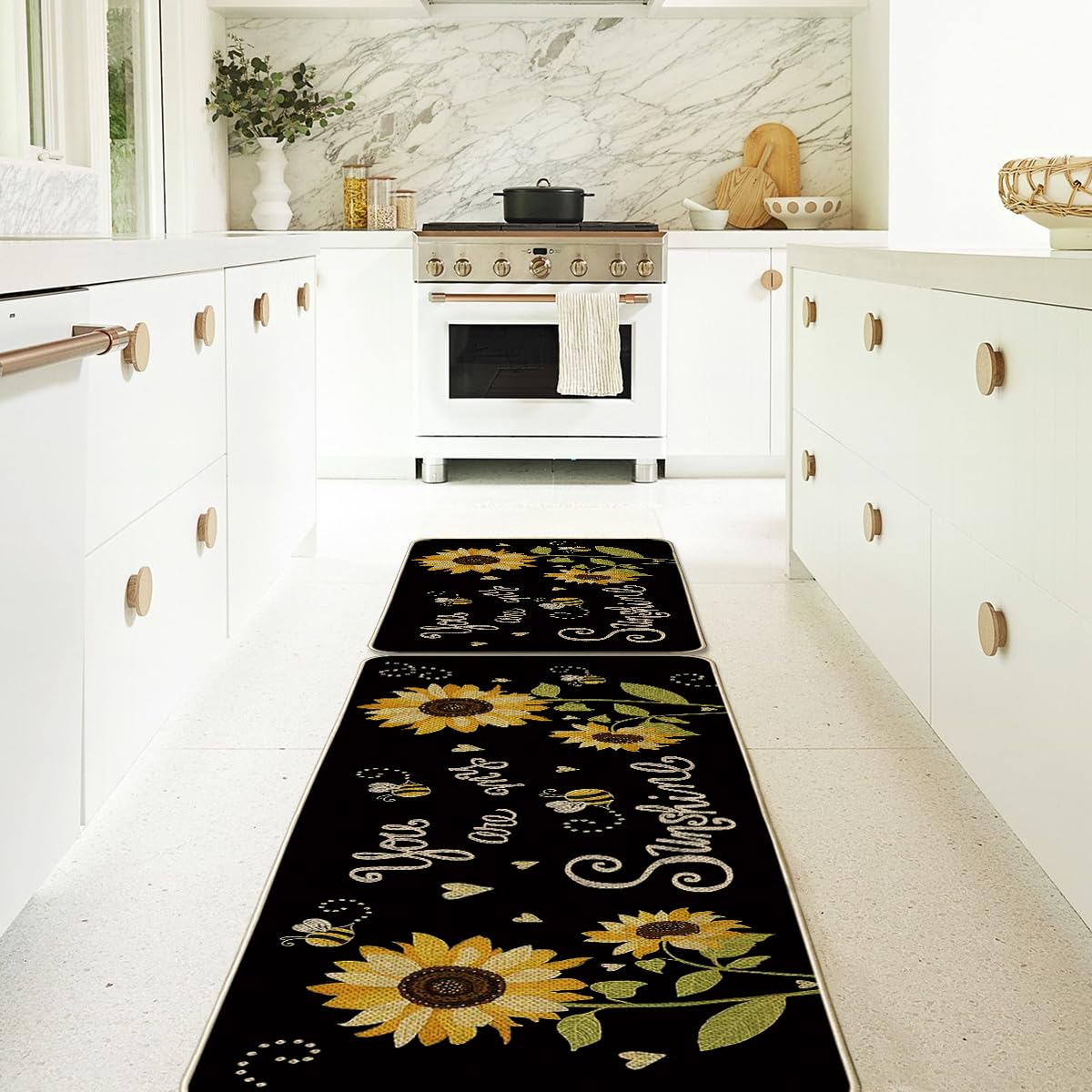 Artoid Mode Bee Sunflower Spring Kitchen Mats Set of 2, Summer You are My Sunshine Home Decor Low-Profile Kitchen Rugs for Floor - 17x29 and 17x47 Inch