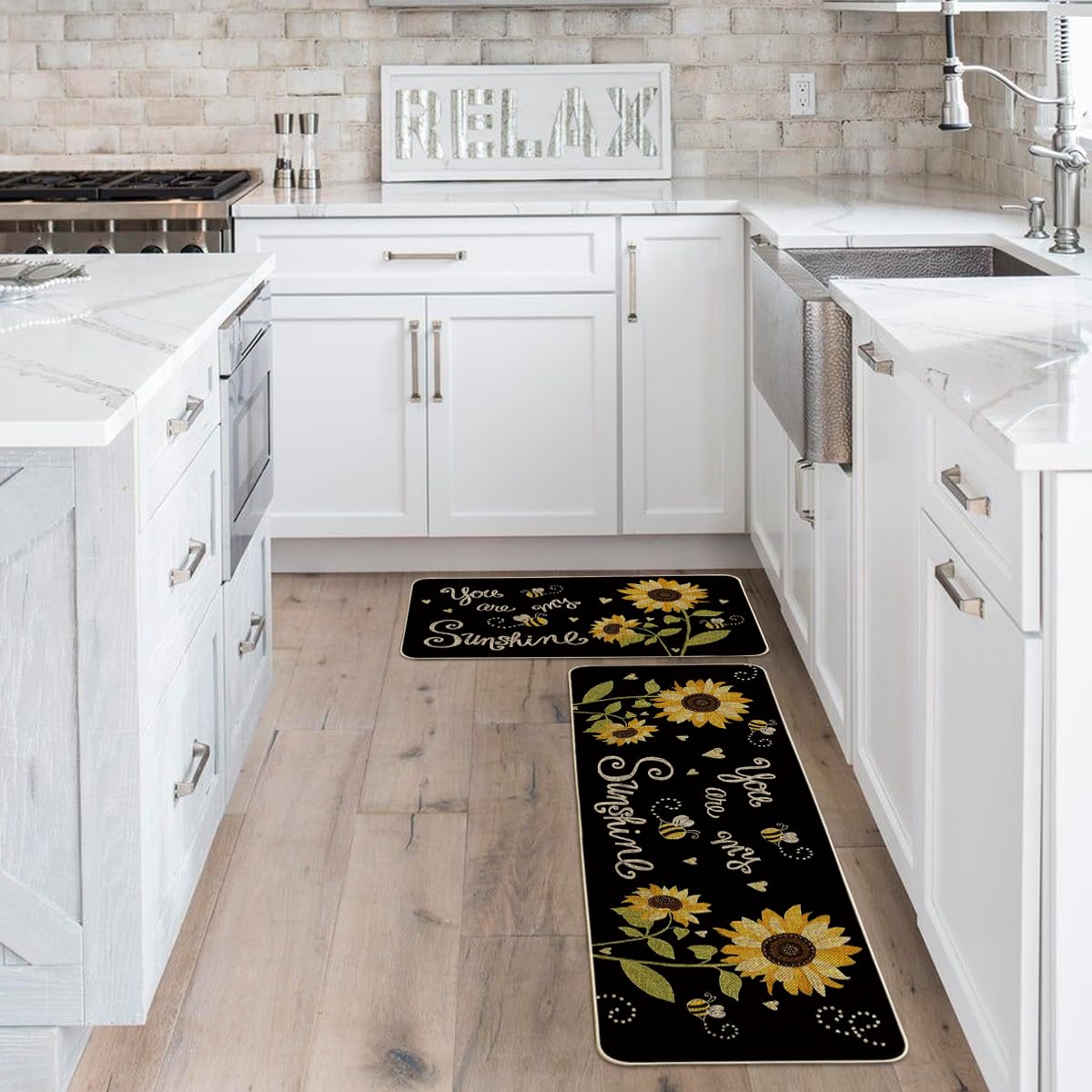 Artoid Mode Bee Sunflower Spring Kitchen Mats Set of 2, Summer You are My Sunshine Home Decor Low-Profile Kitchen Rugs for Floor - 17x29 and 17x47 Inch