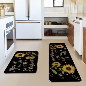 Artoid Mode Bee Sunflower Spring Kitchen Mats Set of 2, Summer You are My Sunshine Home Decor Low-Profile Kitchen Rugs for Floor - 17x29 and 17x47 Inch