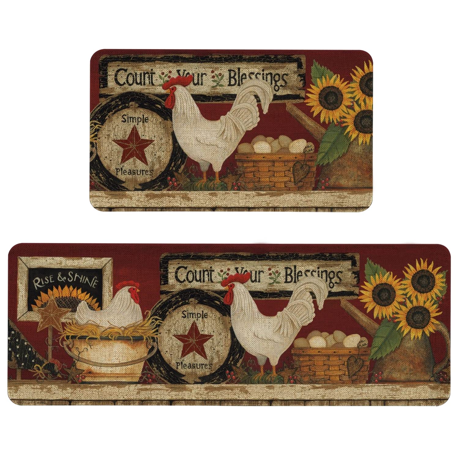 Farmhouse Kitchen Rugs and Mats Set of 2, Farm Rooster Kitchen Mat, Seasonal Holiday Cooking Sets Washable Non-Slip Floor Mats for Home Kitchen Decor - 17x29 and 17x47 Inch