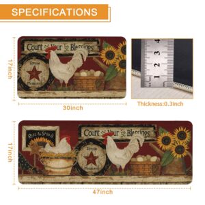 Farmhouse Kitchen Rugs and Mats Set of 2, Farm Rooster Kitchen Mat, Seasonal Holiday Cooking Sets Washable Non-Slip Floor Mats for Home Kitchen Decor - 17x29 and 17x47 Inch