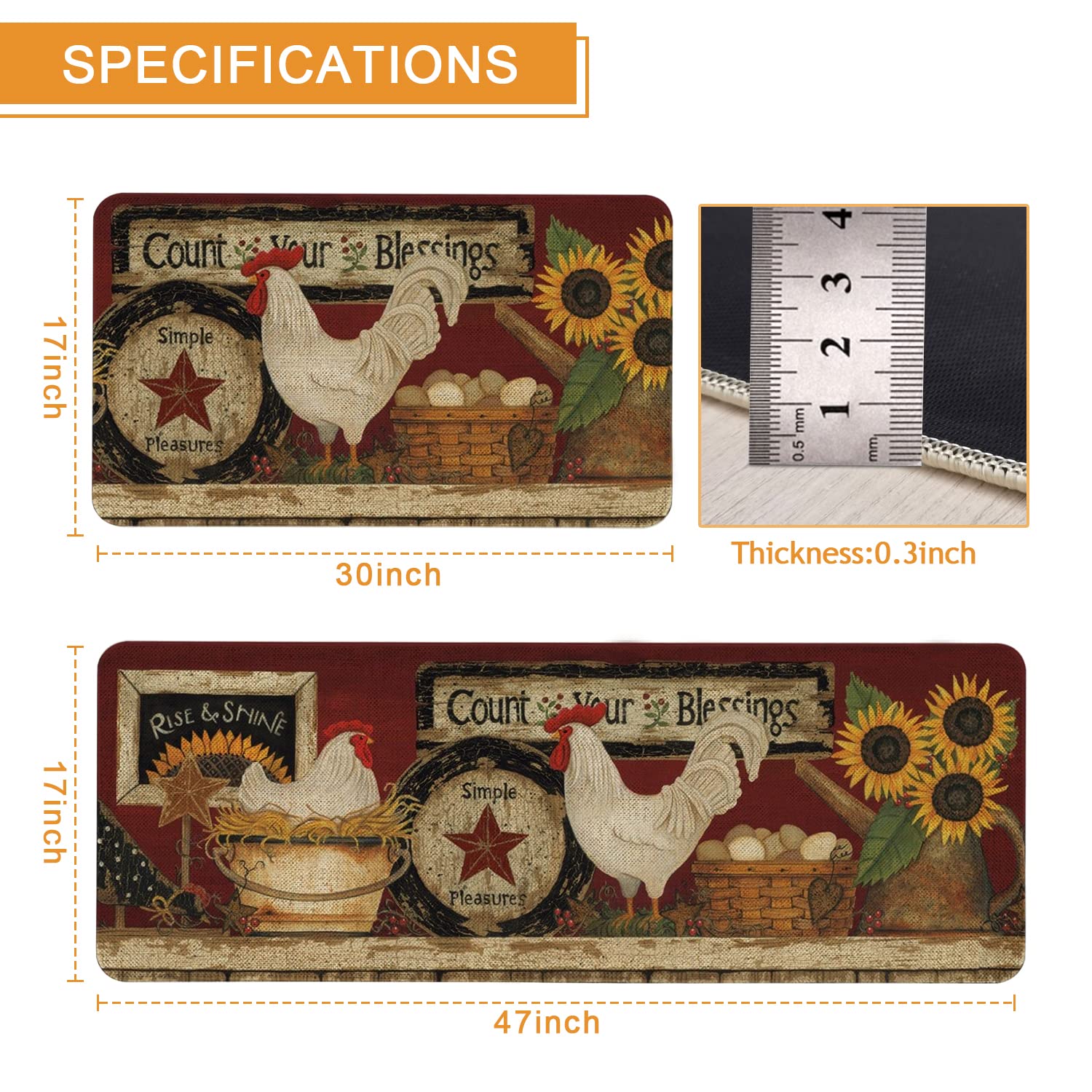 Farmhouse Kitchen Rugs and Mats Set of 2, Farm Rooster Kitchen Mat, Seasonal Holiday Cooking Sets Washable Non-Slip Floor Mats for Home Kitchen Decor - 17x29 and 17x47 Inch