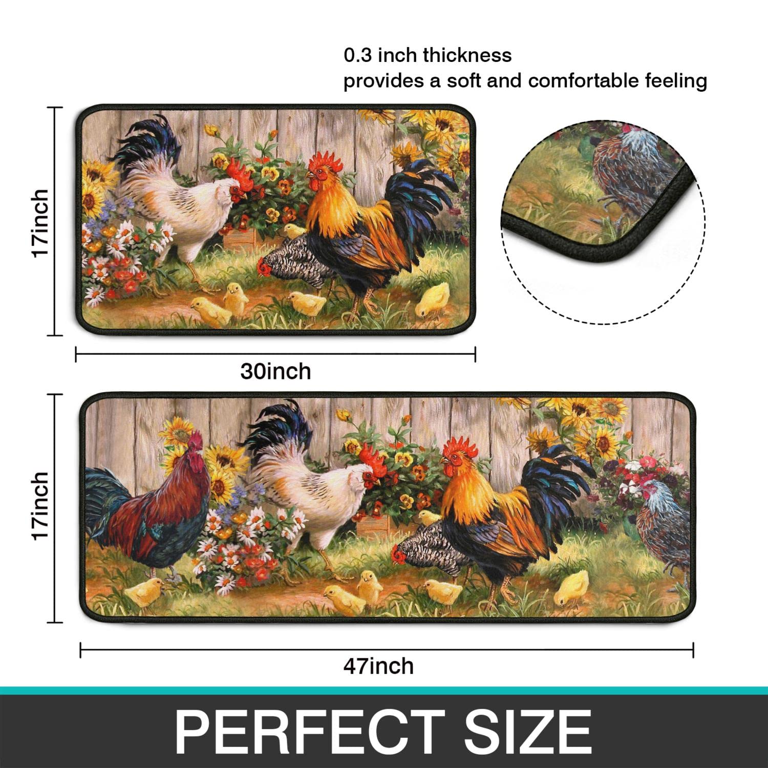 Ghroiep Rooster Rug 2 Piece Set Sunflower Decor Kitchen Floor Mat, Microfiber Washable Runner Farmhouse Chicken Decorations Mats,17"x47"+17"x30"