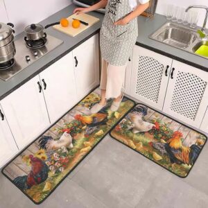 Ghroiep Rooster Rug 2 Piece Set Sunflower Decor Kitchen Floor Mat, Microfiber Washable Runner Farmhouse Chicken Decorations Mats,17"x47"+17"x30"