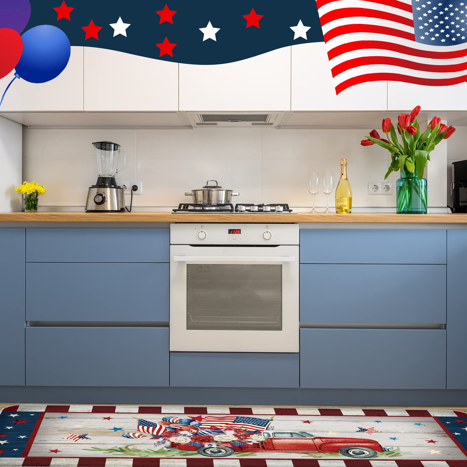 Suttmin 2 Pieces 4th of July Kitchen Rugs Patriotic Truck and Jar Mats Independence Day Rugs Memorial Day Red White Blue Floor Rug for Memorial Day Home Decor, 17 x 29 Inches, 17 x 47 Inches