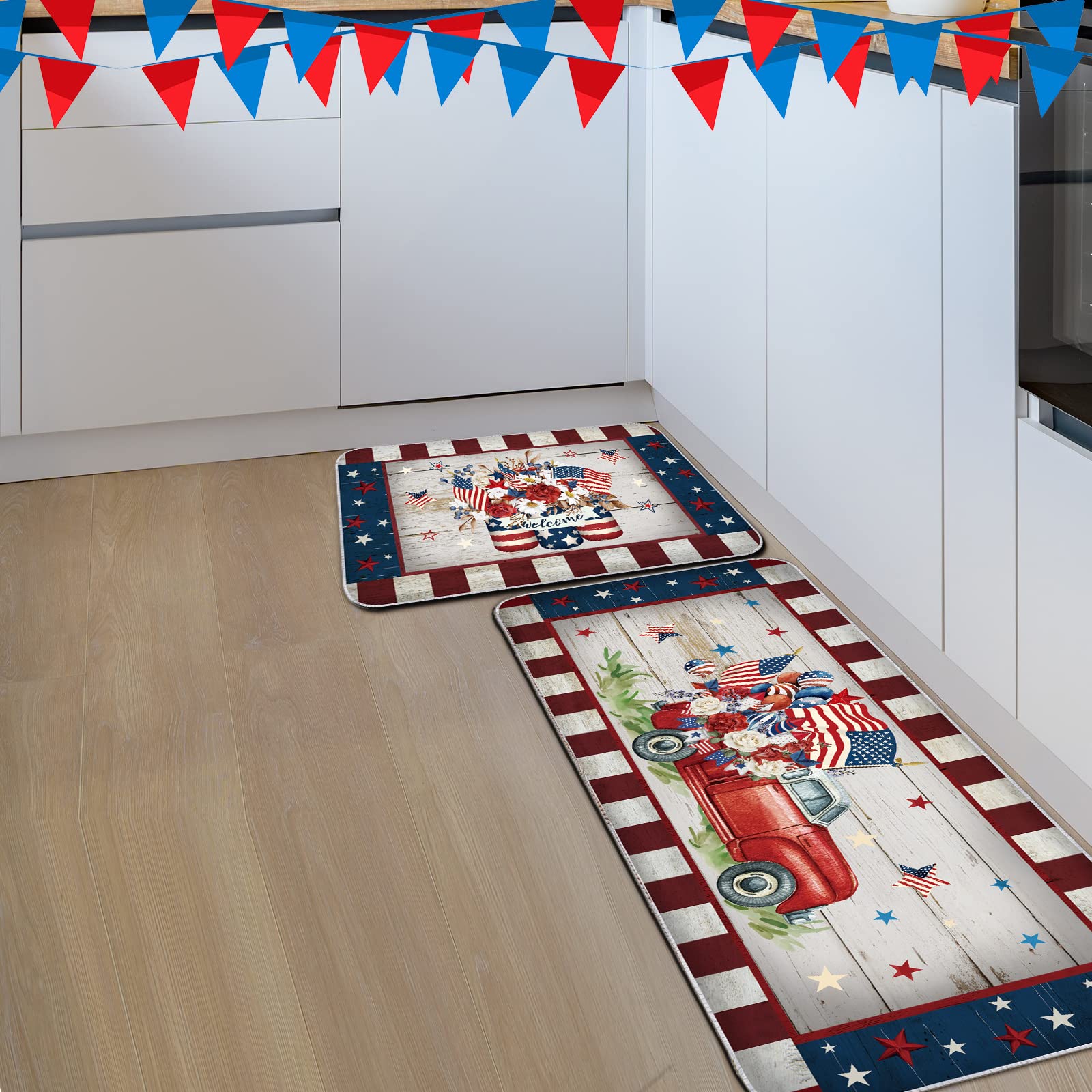 Suttmin 2 Pieces 4th of July Kitchen Rugs Patriotic Truck and Jar Mats Independence Day Rugs Memorial Day Red White Blue Floor Rug for Memorial Day Home Decor, 17 x 29 Inches, 17 x 47 Inches